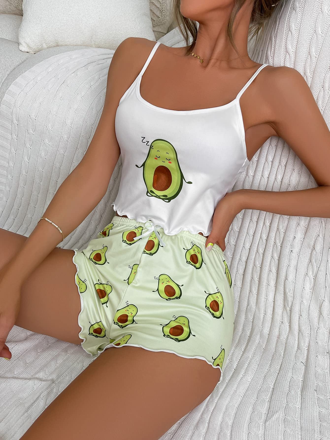 SHENHE Women's Cute Cartoon Print Crop Cami Top and Shorts 2 Piece Summer Pajama Set Avocado Green White S