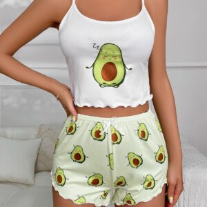 SHENHE Women's Cute Cartoon Print Crop Cami Top and Shorts 2 Piece Summer Pajama Set Avocado Green White S