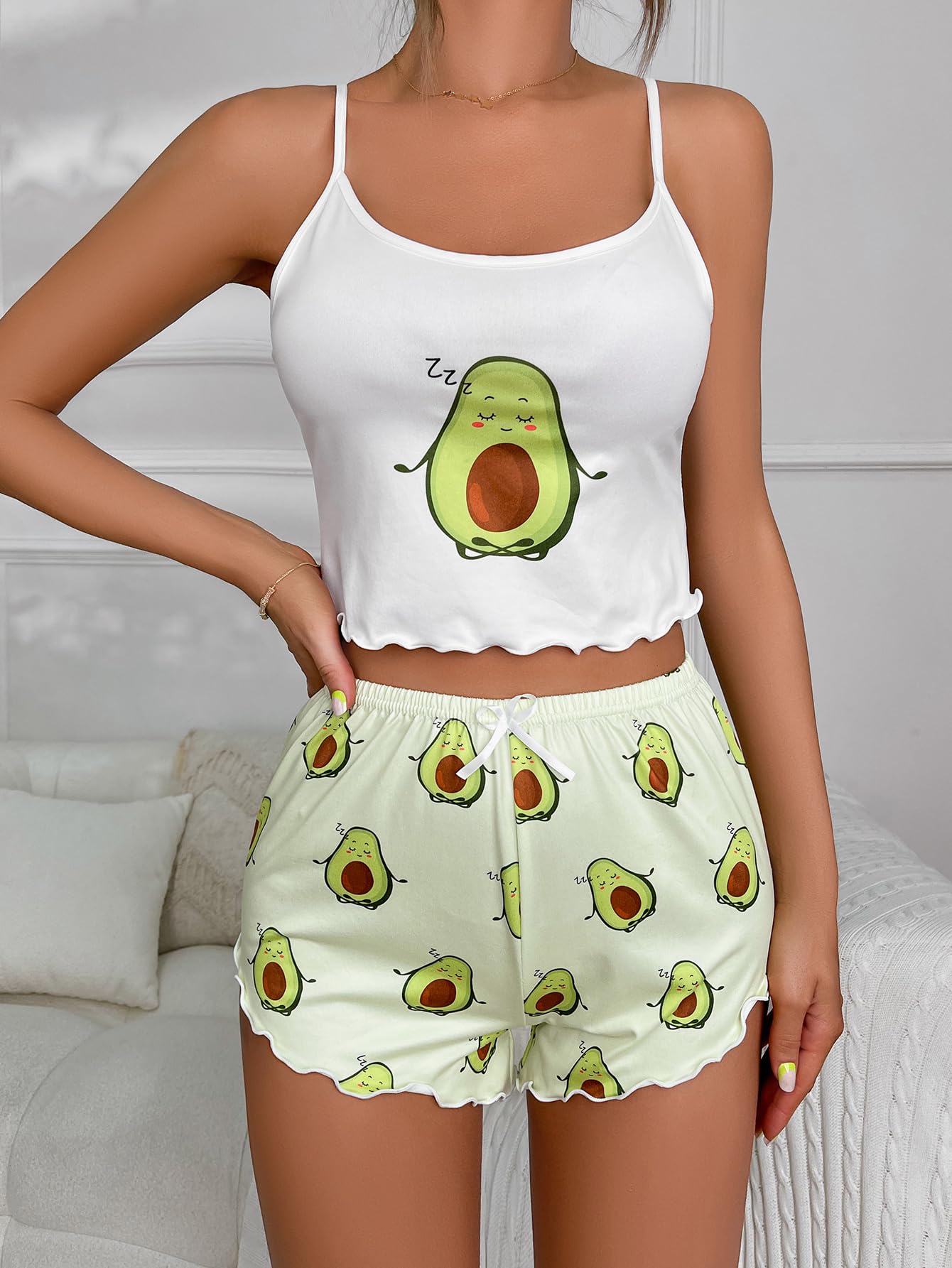 SHENHE Women's Cute Cartoon Print Crop Cami Top and Shorts 2 Piece Summer Pajama Set Avocado Green White S