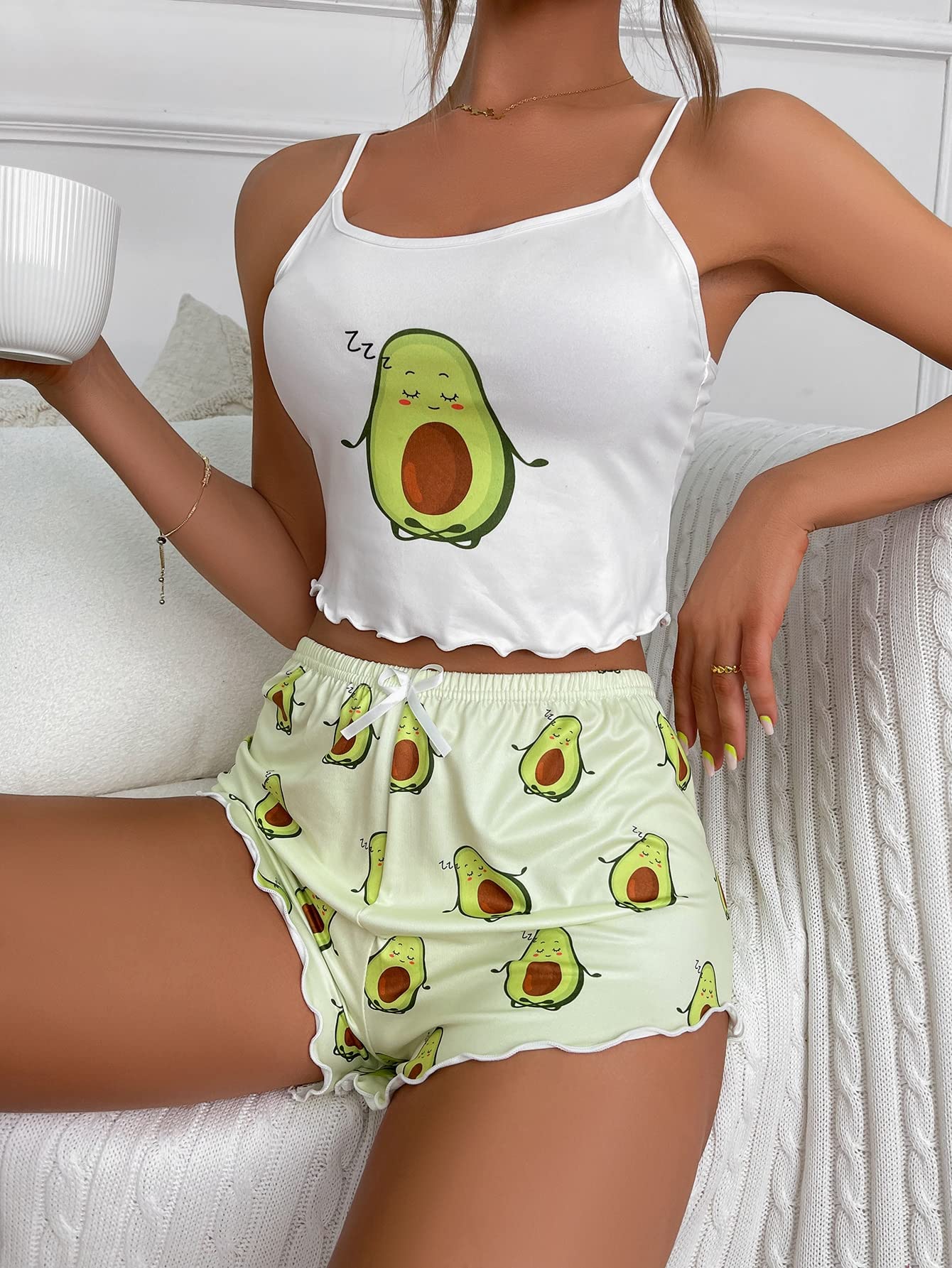 SHENHE Women's Cute Cartoon Print Crop Cami Top and Shorts 2 Piece Summer Pajama Set Avocado Green White S