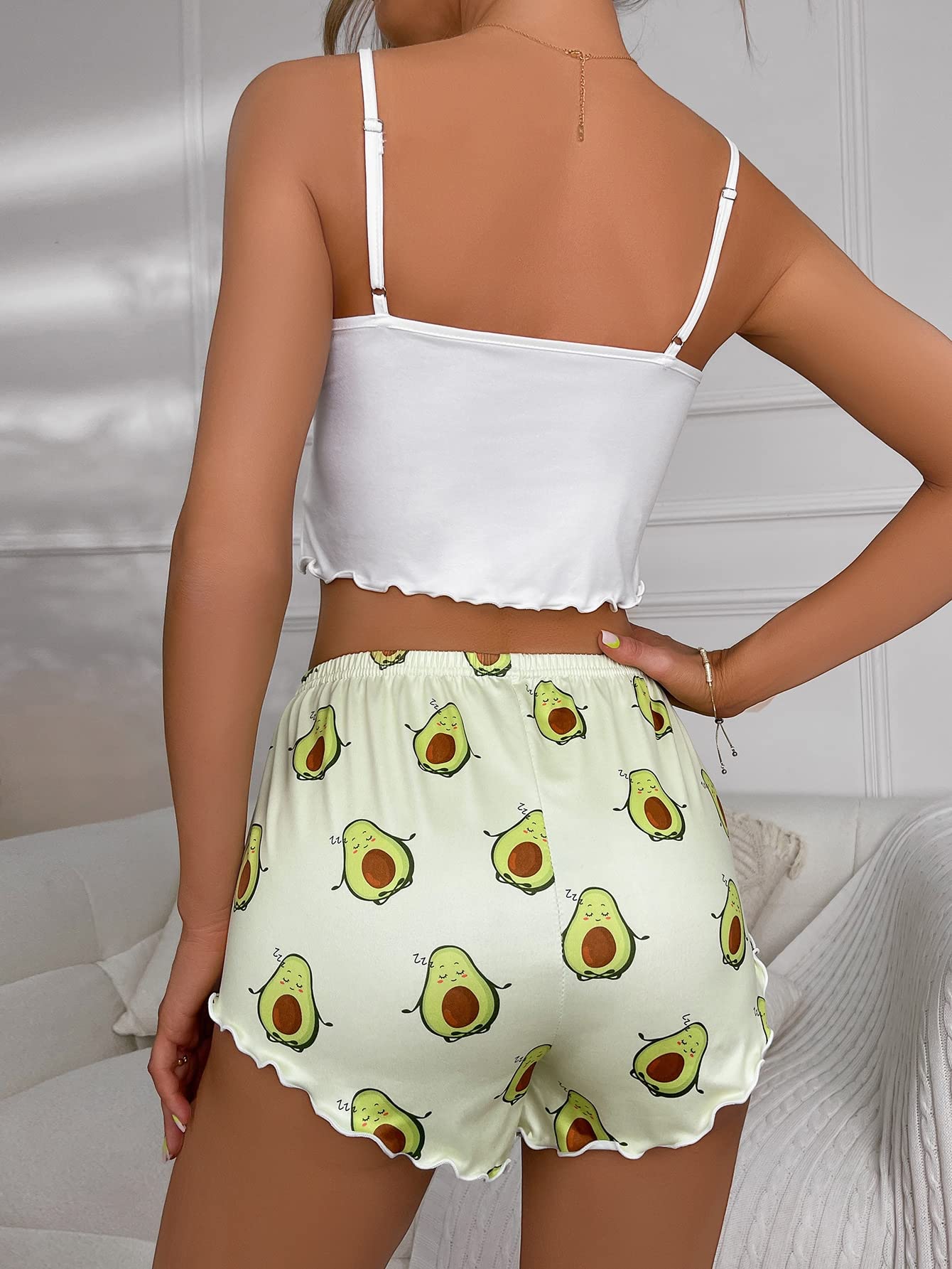 SHENHE Women's Cute Cartoon Print Crop Cami Top and Shorts 2 Piece Summer Pajama Set Avocado Green White S