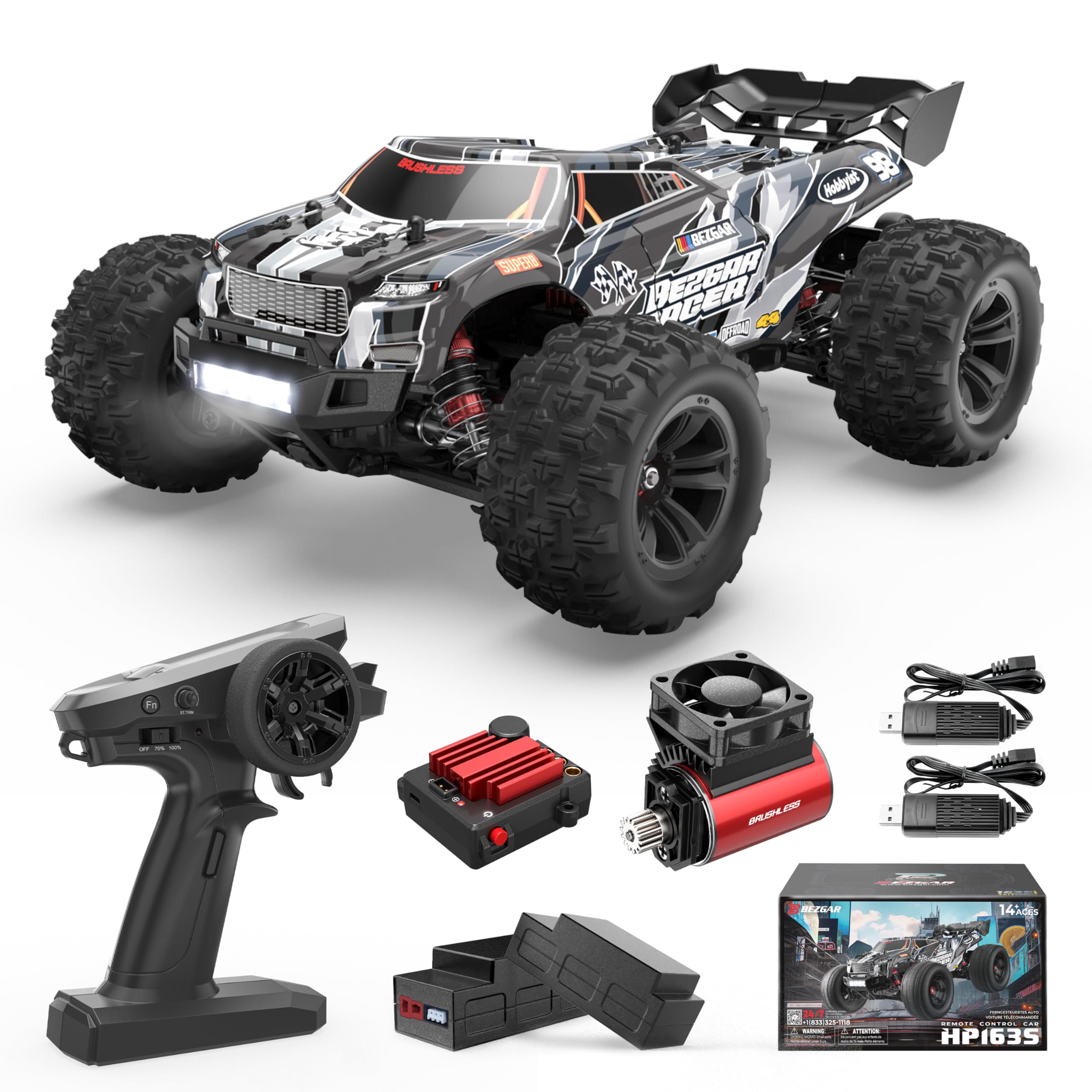 BEZGAR HP163S Fast RC Cars for Adults MAX 68KPH | 1/16 Scale Brushless RC Trucks 4x4 Offroad Waterproof | Hobby Grade High Speed Monster Truck | All Terrain Electric Remote Control Car for Boys