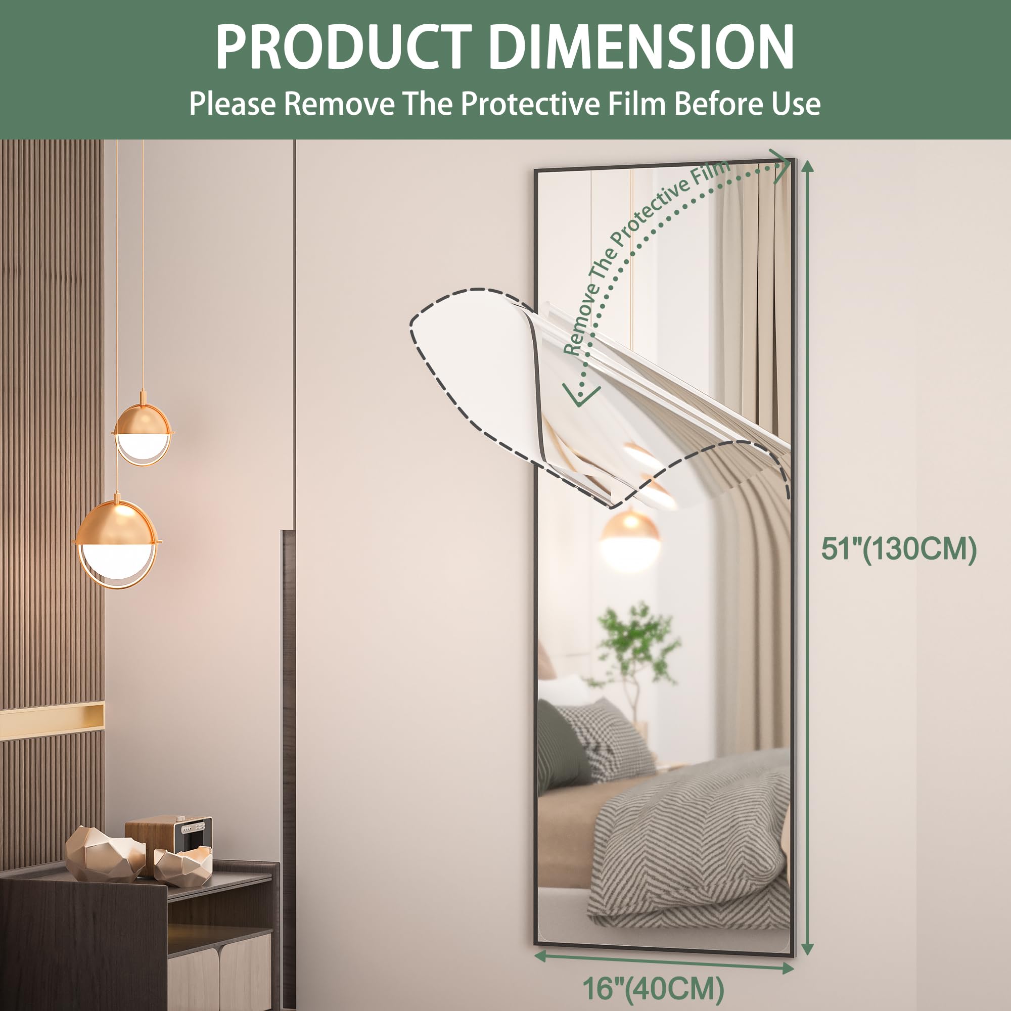 Hasipu Door Mirror Full Length, 51 x 16 Inch Full Body Wall Mirror Over The Door Hanging Mirror for Bedroom, Living Room, Cloakroom