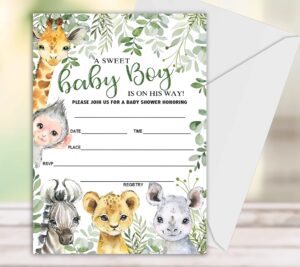 geuro baby shower invitations, jungle animals fill in invites cards wih envelopes, a little wild one, wooden, set of 25.