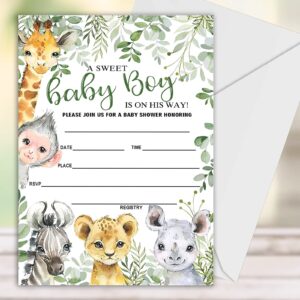 Geuro Baby Shower Invitations, Jungle Animals Fill In Invites Cards wih Envelopes, A Little wild one, Wooden, Set of 25.