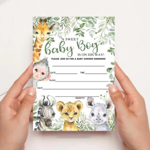 Geuro Baby Shower Invitations, Jungle Animals Fill In Invites Cards wih Envelopes, A Little wild one, Wooden, Set of 25.