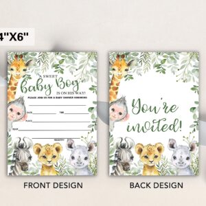 Geuro Baby Shower Invitations, Jungle Animals Fill In Invites Cards wih Envelopes, A Little wild one, Wooden, Set of 25.