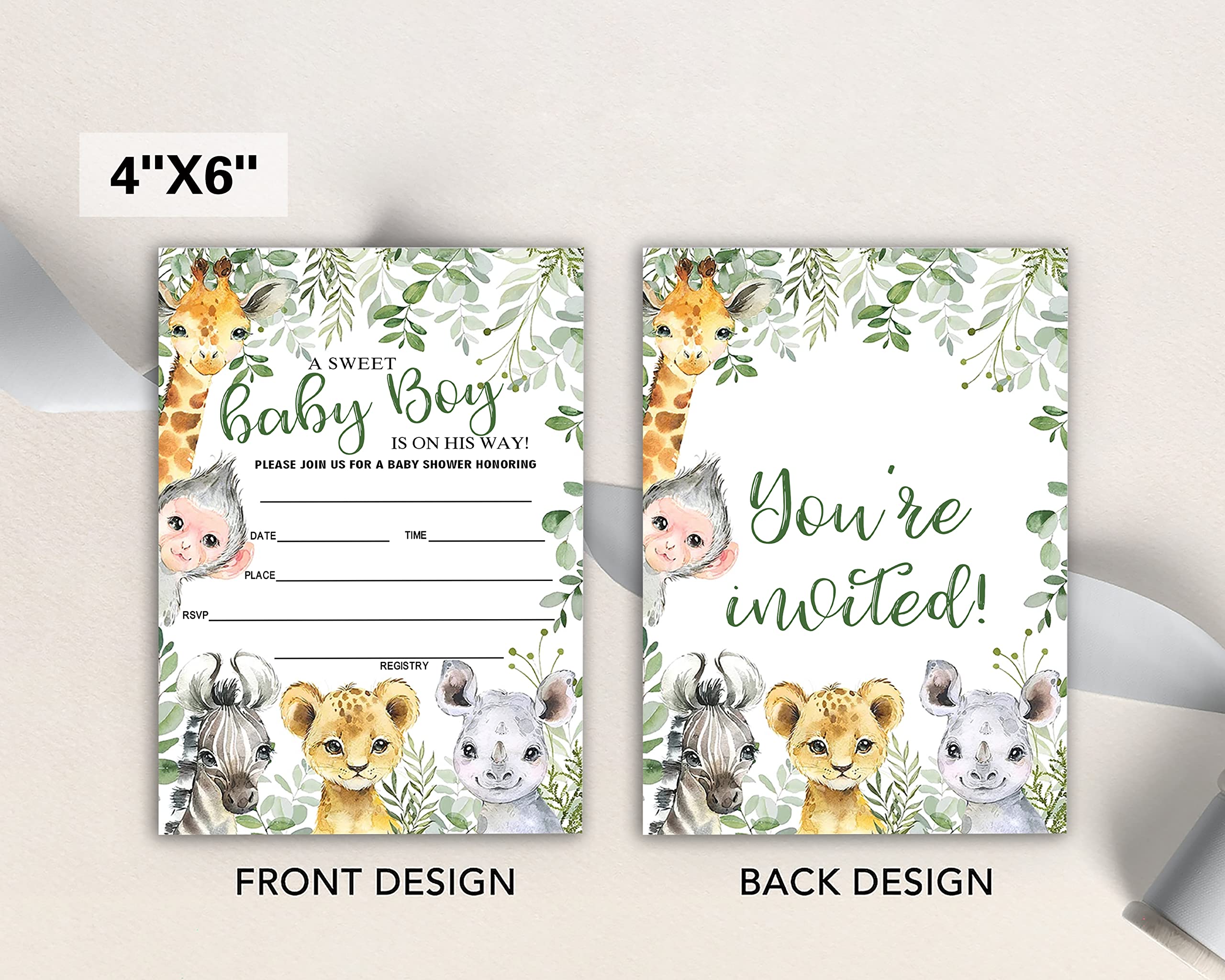 Geuro Baby Shower Invitations, Jungle Animals Fill In Invites Cards wih Envelopes, A Little wild one, Wooden, Set of 25.