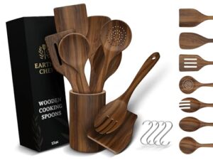 earthy chef wooden utensils for cooking - premium teak kitchen utensil set - incl. utensil holder and hanging hooks - 9-piece cooking spoon set - non scratch & food-grade material