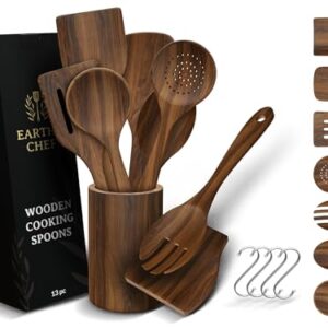 Earthy Chef wooden utensils for cooking - Premium teak kitchen utensil set - Incl. utensil holder and hanging hooks - 9-piece cooking spoon set - Non scratch & Food-grade material