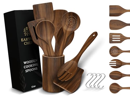 Earthy Chef wooden utensils for cooking - Premium teak kitchen utensil set - Incl. utensil holder and hanging hooks - 9-piece cooking spoon set - Non scratch & Food-grade material