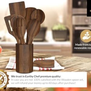 Earthy Chef wooden utensils for cooking - Premium teak kitchen utensil set - Incl. utensil holder and hanging hooks - 9-piece cooking spoon set - Non scratch & Food-grade material