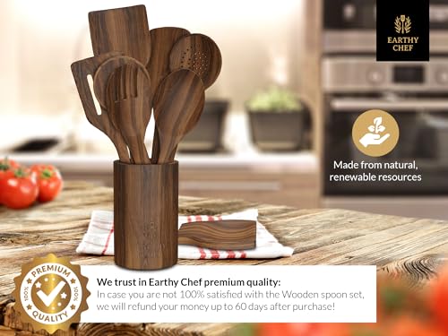 Earthy Chef wooden utensils for cooking - Premium teak kitchen utensil set - Incl. utensil holder and hanging hooks - 9-piece cooking spoon set - Non scratch & Food-grade material