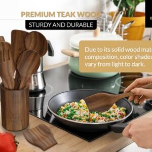 Earthy Chef wooden utensils for cooking - Premium teak kitchen utensil set - Incl. utensil holder and hanging hooks - 9-piece cooking spoon set - Non scratch & Food-grade material