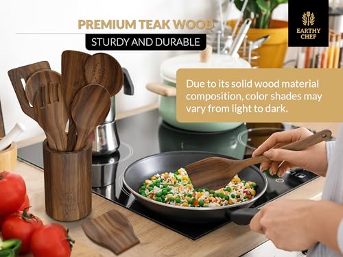 Earthy Chef wooden utensils for cooking - Premium teak kitchen utensil set - Incl. utensil holder and hanging hooks - 9-piece cooking spoon set - Non scratch & Food-grade material