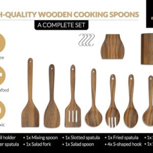 Earthy Chef wooden utensils for cooking - Premium teak kitchen utensil set - Incl. utensil holder and hanging hooks - 9-piece cooking spoon set - Non scratch & Food-grade material