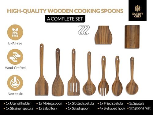 Earthy Chef wooden utensils for cooking - Premium teak kitchen utensil set - Incl. utensil holder and hanging hooks - 9-piece cooking spoon set - Non scratch & Food-grade material