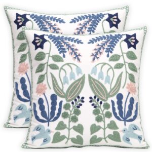 pilmandu pack of 2 embroidered decorative throw pillow cover 18x18 inch farmhouse floral pillowcase for living room sofa bed (bird flower) (w-45444)