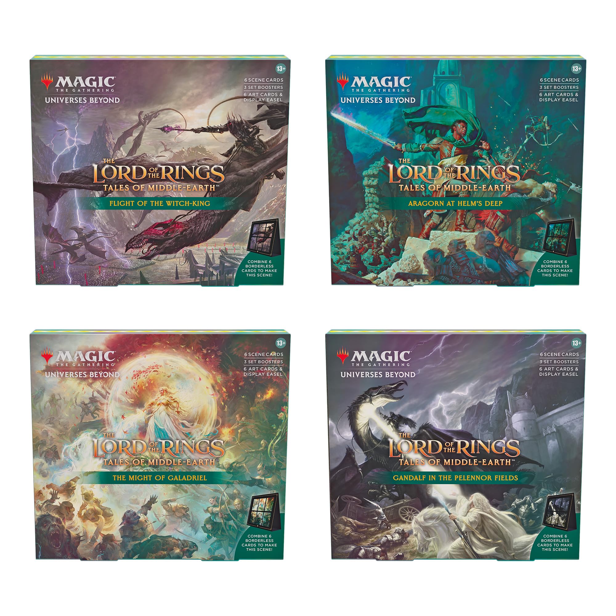 Magic: The Gathering The Lord of The Rings: Tales of Middle-earth Scene Boxes - All 4 (Aragorn at Helm’s Deep, Flight of The Witch-king, The Might of Galadriel, and Gandalf in Pelennor Fields)