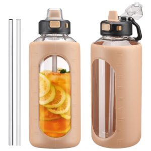 kodrine 64 oz half gallon water bottle with straw, large glass water bottle with locking leak-proof lid and soft silicone spout, water jug with carry handle, motivational time marker, amber