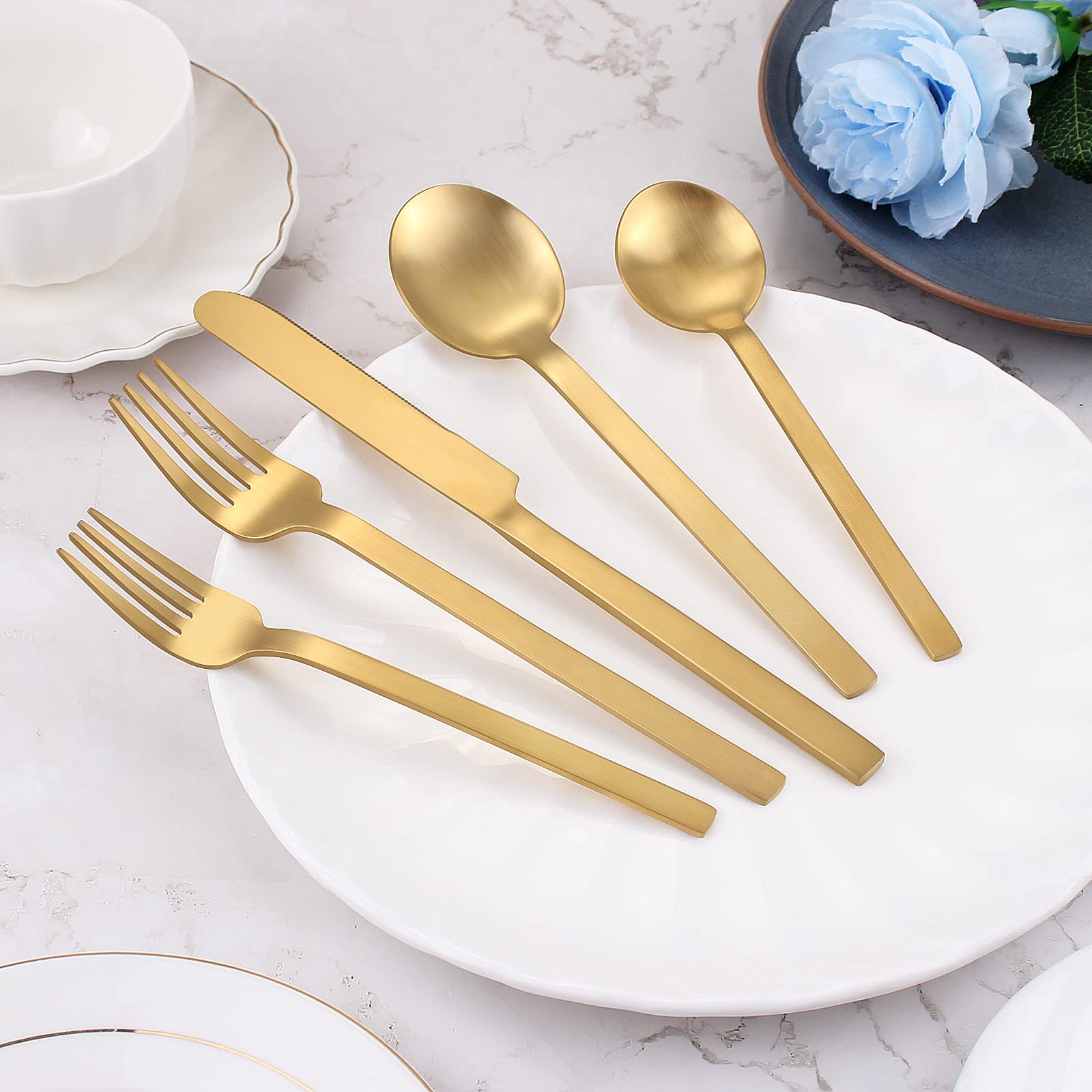 Matte Gold Silverware Set，OPOLIA 30-Piece Stainless Steel Flatware Cutlery Set for 6，Stain Finish Tableware Eating Utensils, Food Grade, Dishwasher Safe