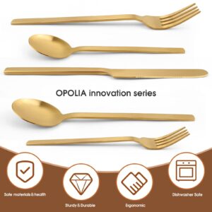 Matte Gold Silverware Set，OPOLIA 30-Piece Stainless Steel Flatware Cutlery Set for 6，Stain Finish Tableware Eating Utensils, Food Grade, Dishwasher Safe