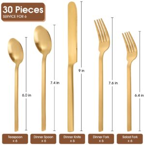 Matte Gold Silverware Set，OPOLIA 30-Piece Stainless Steel Flatware Cutlery Set for 6，Stain Finish Tableware Eating Utensils, Food Grade, Dishwasher Safe