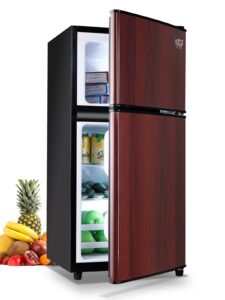 krib bling mini fridge with freezer,3.5 cu. ft compact refrigerator with 2 doors,7- level adjustable thermostat, removable glass shelves for bedroom, office, kitchen, apartment, dorm,wood