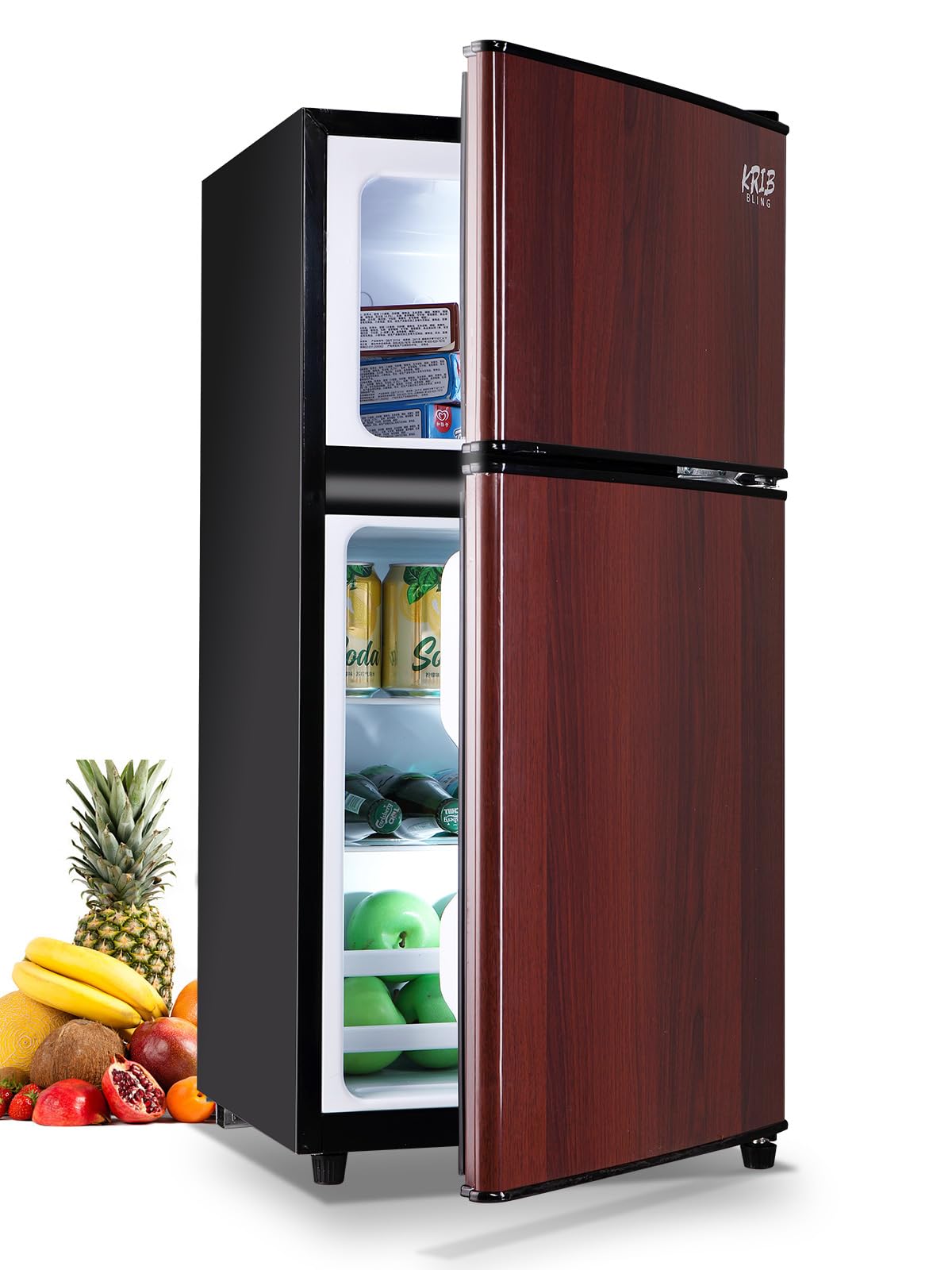 KRIB BLING Mini Fridge With Freezer,3.5 Cu. Ft Compact Refrigerator With 2 Doors,7- Level Adjustable Thermostat, Removable Glass Shelves For Bedroom, Office, Kitchen, Apartment, Dorm,Wood