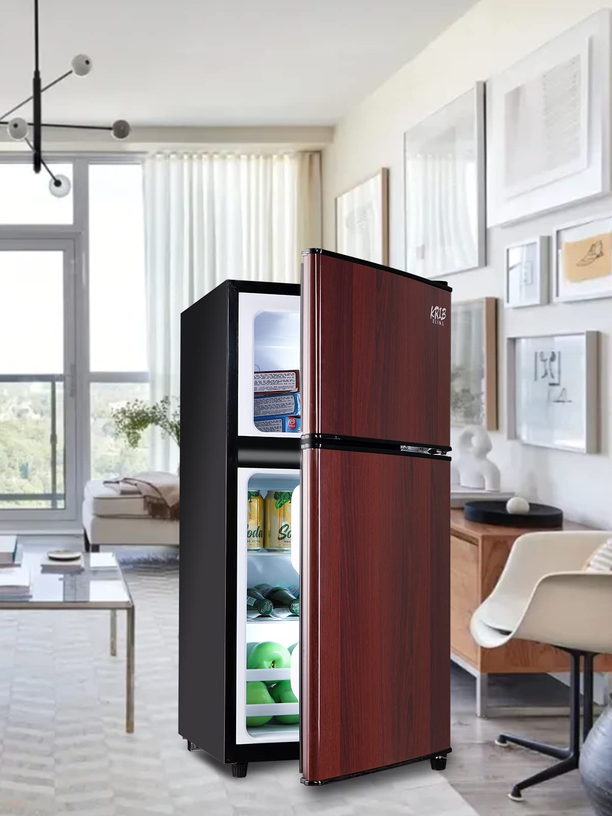 KRIB BLING Mini Fridge With Freezer,3.5 Cu. Ft Compact Refrigerator With 2 Doors,7- Level Adjustable Thermostat, Removable Glass Shelves For Bedroom, Office, Kitchen, Apartment, Dorm,Wood