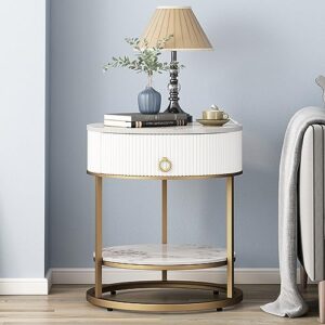 oiog round side table with drawer, 2 tier night stand with shelf, modern side table with gold legs for living room, bedroom, dorm, marbling natural stone/gold