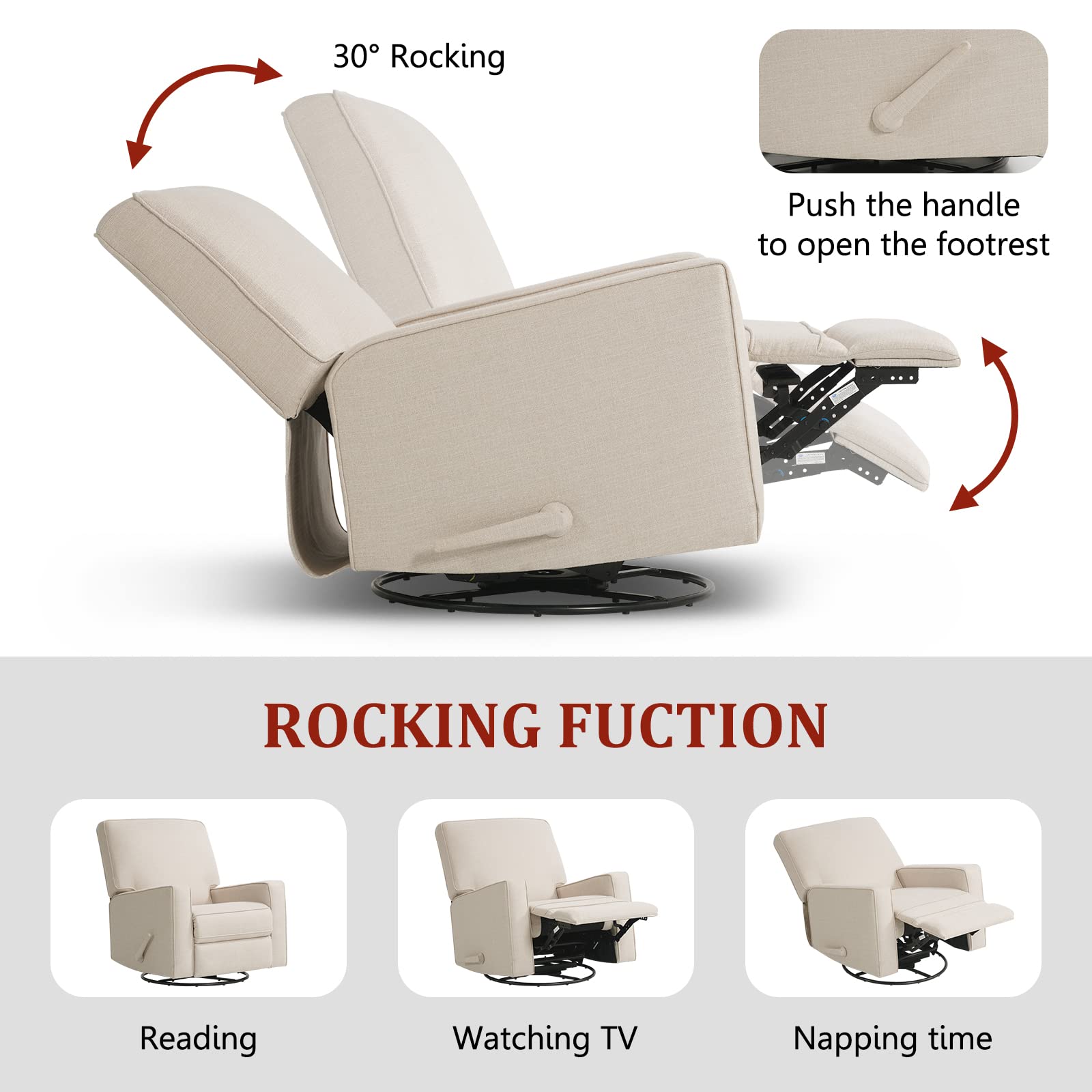 Luffield Swivel Rocker Recliner Chair -Manual 360 Degree Swivel Recliners Comfy Glider Rocking Chairs， Single Modern Sofa Home Theater Seating for Living Room (Beige)