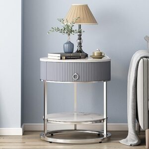 oiog modern end table with drawer, 2 tier side table with shelf, round nightstand with sintered stone tabletop and chrome legs for living room, bedroom, home office, dorm, silver