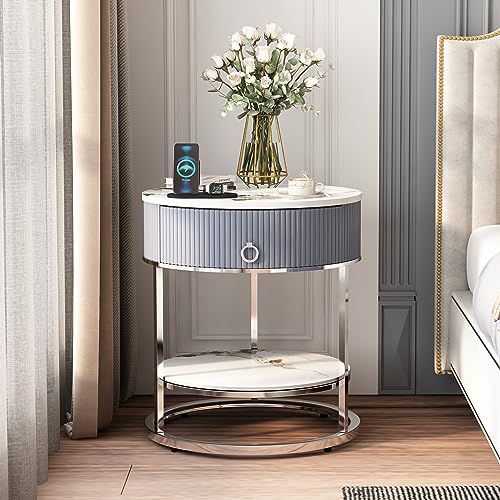 OIOG Modern End Table with Drawer, 2 Tier Side Table with Shelf, Round Nightstand with Sintered Stone Tabletop and Chrome Legs for Living Room, Bedroom, Home Office, Dorm, Silver