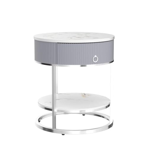 OIOG Modern End Table with Drawer, 2 Tier Side Table with Shelf, Round Nightstand with Sintered Stone Tabletop and Chrome Legs for Living Room, Bedroom, Home Office, Dorm, Silver