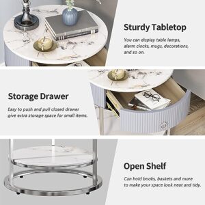 OIOG Modern End Table with Drawer, 2 Tier Side Table with Shelf, Round Nightstand with Sintered Stone Tabletop and Chrome Legs for Living Room, Bedroom, Home Office, Dorm, Silver