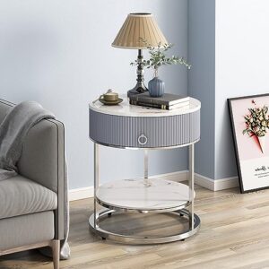 OIOG Modern End Table with Drawer, 2 Tier Side Table with Shelf, Round Nightstand with Sintered Stone Tabletop and Chrome Legs for Living Room, Bedroom, Home Office, Dorm, Silver