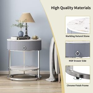 OIOG Modern End Table with Drawer, 2 Tier Side Table with Shelf, Round Nightstand with Sintered Stone Tabletop and Chrome Legs for Living Room, Bedroom, Home Office, Dorm, Silver