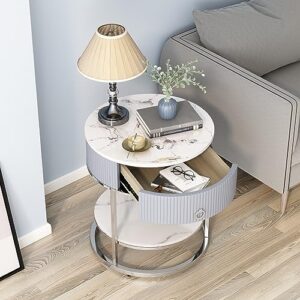 OIOG Modern End Table with Drawer, 2 Tier Side Table with Shelf, Round Nightstand with Sintered Stone Tabletop and Chrome Legs for Living Room, Bedroom, Home Office, Dorm, Silver