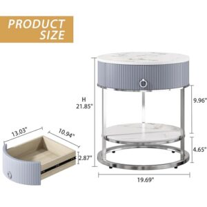 OIOG Modern End Table with Drawer, 2 Tier Side Table with Shelf, Round Nightstand with Sintered Stone Tabletop and Chrome Legs for Living Room, Bedroom, Home Office, Dorm, Silver