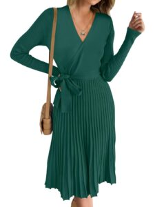 anrabess women long sleeve sweater dress wrap v neck pleated ribbed knit a line belted tie waist midi dress fall outfits deep green small