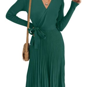 ANRABESS Women Long Sleeve Sweater Dress Wrap V Neck Pleated Ribbed Knit A Line Belted Tie Waist Midi Dress Fall Outfits deep green Small