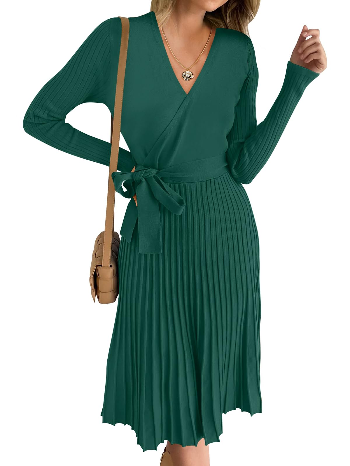 ANRABESS Women Long Sleeve Sweater Dress Wrap V Neck Pleated Ribbed Knit A Line Belted Tie Waist Midi Dress Fall Outfits deep green Small