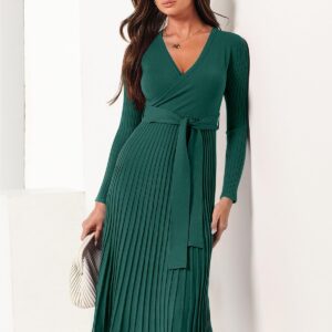 ANRABESS Women Long Sleeve Sweater Dress Wrap V Neck Pleated Ribbed Knit A Line Belted Tie Waist Midi Dress Fall Outfits deep green Small