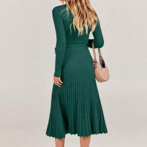 ANRABESS Women Long Sleeve Sweater Dress Wrap V Neck Pleated Ribbed Knit A Line Belted Tie Waist Midi Dress Fall Outfits deep green Small