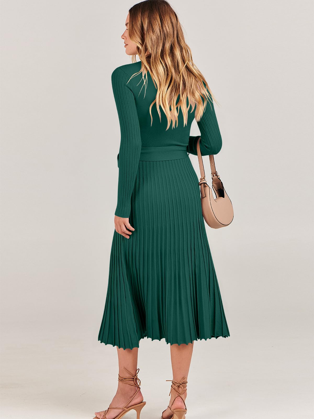 ANRABESS Women Long Sleeve Sweater Dress Wrap V Neck Pleated Ribbed Knit A Line Belted Tie Waist Midi Dress Fall Outfits deep green Small