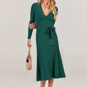 ANRABESS Women Long Sleeve Sweater Dress Wrap V Neck Pleated Ribbed Knit A Line Belted Tie Waist Midi Dress Fall Outfits deep green Small