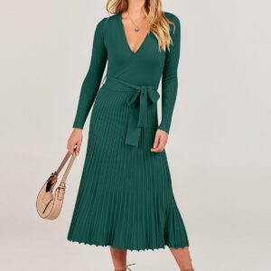 ANRABESS Women Long Sleeve Sweater Dress Wrap V Neck Pleated Ribbed Knit A Line Belted Tie Waist Midi Dress Fall Outfits deep green Small