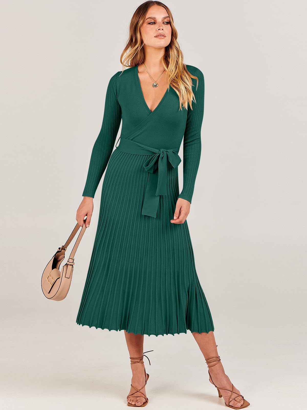 ANRABESS Women Long Sleeve Sweater Dress Wrap V Neck Pleated Ribbed Knit A Line Belted Tie Waist Midi Dress Fall Outfits deep green Small