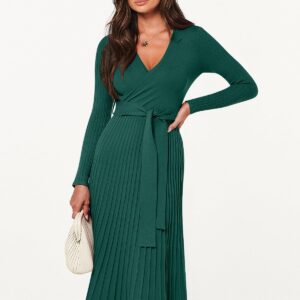 ANRABESS Women Long Sleeve Sweater Dress Wrap V Neck Pleated Ribbed Knit A Line Belted Tie Waist Midi Dress Fall Outfits deep green Small